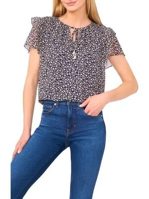CECE DUPRAZ Floral Tie Neck Chiffon Top - Classic Navy