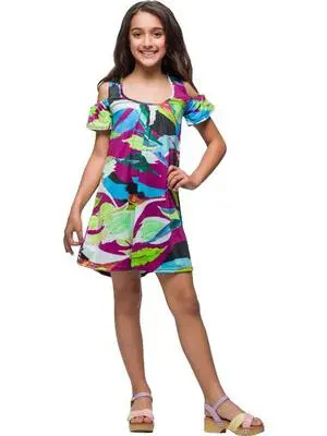 24SEVENKID Multicolor Print Cold Shoulder A-Line Dress Purple Multi