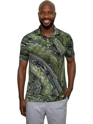 24SEVENMEN Wrinkle Resistant 3 Button Green Marble Polo Shirt - Green Multi