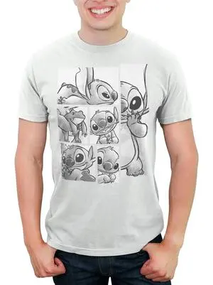 LILO & STITCH Grayscale Sketches Of Stitch Graphic T-shirt - White