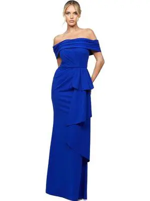 BARIANO Off Shoulder Fishtail Ruffle Gown - Cobalt