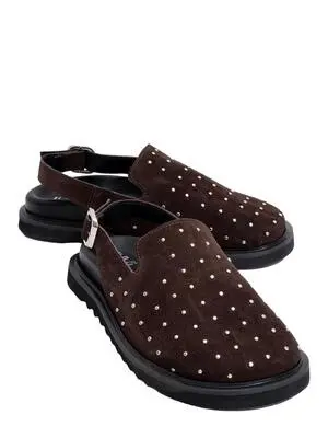 FOREVER & ALWAYS SHOES Leather Studded Clogs Dark Brown Suede Leather
