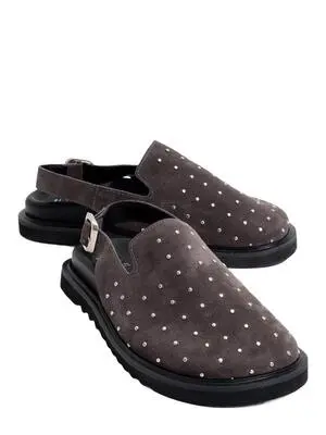 FOREVER & ALWAYS SHOES Leather Studded Clogs Dark Charcoal Suede