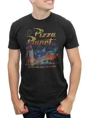 TOY STORY Distressed Pizza Planet Star Cluster Graphic T-shirt - Black
