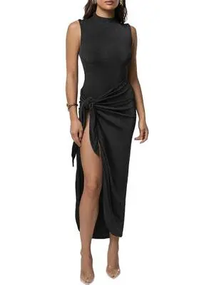 JLUXLABEL Body-con Midi Dress With Tie Front - Black