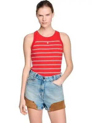 Sandro Striped Ribbed Knit Vest Top - Red