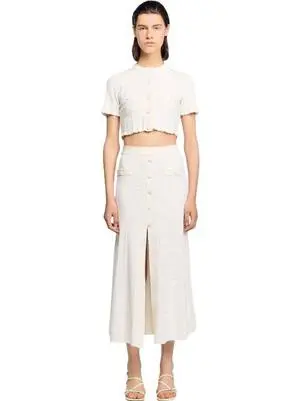 Sandro Pointelle Knit Midi Skirt Ecru
