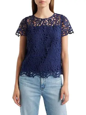 MILLY Curled Lace Top Navy