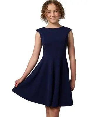 UN DEUX TROIS Textured Cap-sleeve Dress - Navy