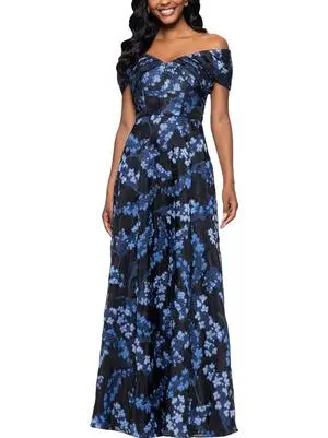 Betsy & Adam Embroidered Floral Off The Shoulder Gown - Blue/multi