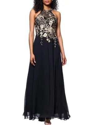 Betsy & Adam Metallic Embroidery Chiffon Gown - Black/gold