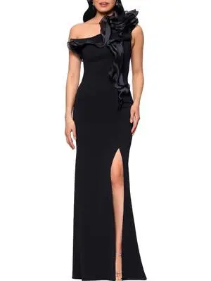 Betsy & Adam Organza Ruffle One-shoulder Scuba Crepe Gown - Black