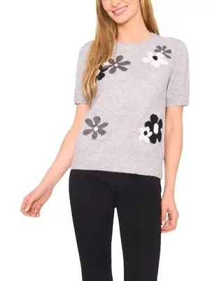 CECE DUPRAZ Floral Short Sleeve Sweater Light Heather Grey