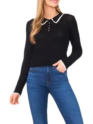 CECE DUPRAZ Cotton Pointelle Polo Sweater - Rich Black