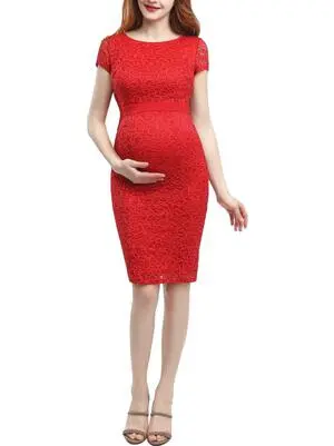 KIMI + KAI Lace Maternity Midi Dress - Red