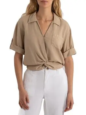 Kut From The Kloth Rebel Knot-front Linen-blend Top - Stone