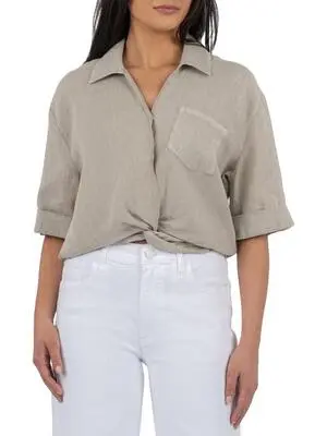 Kut From The Kloth Rebel Knot-Front Linen-Blend Top Wheat
