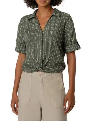 Kut From The Kloth Printed Knot-front Linen Blend Top - Inca Seaweed