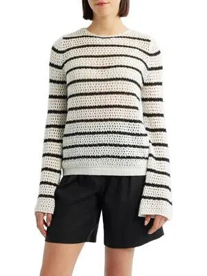 Bobeau Stripe Open Stitch Sweater - Ivory/black