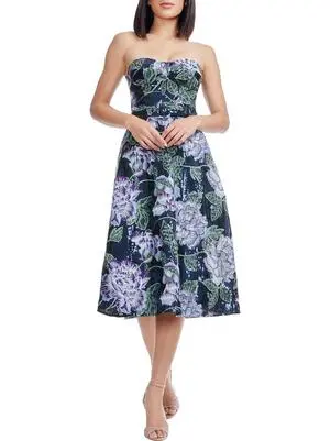 Dress The Population Carlita Embroidered Sequin Floral Strapless Midi Dress - Navy Multi