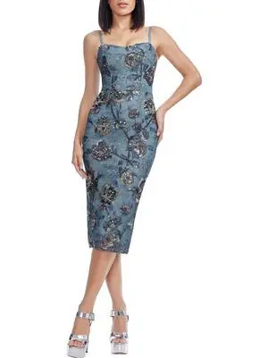 Dress The Population Floral Embroidered Midi Dress - Graphite Blue Multi