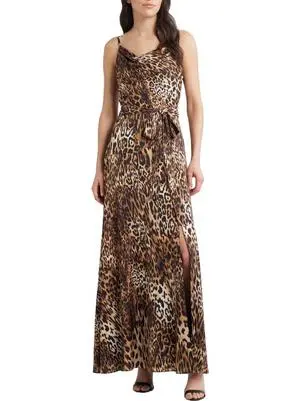 Vince Camuto Leopard Print Asymmetric Neck Satin Gown - Brown