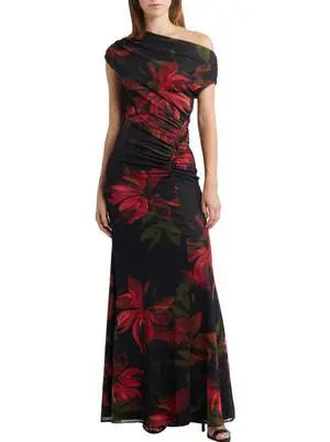 Vince Camuto Floral One-shoulder Mesh Gown - Black Multi