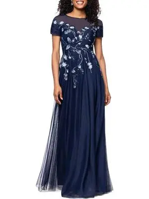 Betsy & Adam Embroidered Sequin Floral Bodice Mesh Gown - Navy/multi