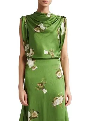 Erdem Painted Rose Print Crinkled Satin Top - Painted Rose Bouquet Olive