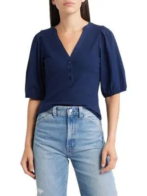 Madewell Puff-sleeve Henley Knit Top - Midnight Navy