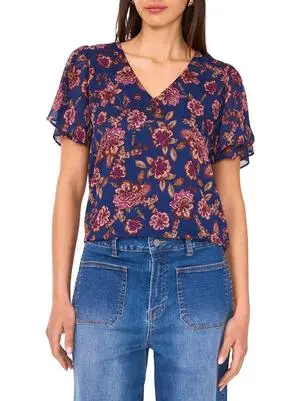 Vince Camuto Floral Ruffle Sleeve Top - Deep Sky