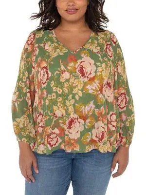 LIVERPOOL Long Sleeve Pleated V-neck Top - Green Multi Floral
