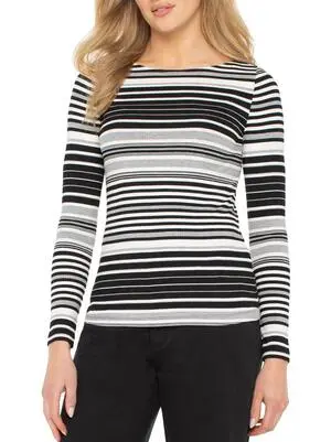 LIVERPOOL Stripe Ribbed Knit Long Sleeve Top - Black/white Vgt Stripe