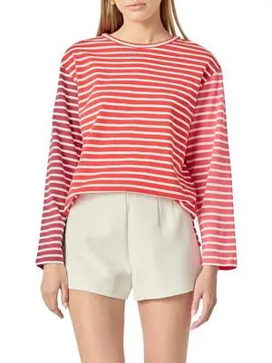 English Factory Colorblock Striped Long Sleeve Cotton T-Shirt Red Multi