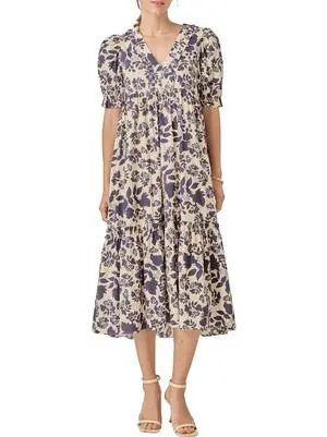 English Factory Floral Print Tiered Midi Dress - Cream/navy