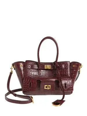 Balenciaga Mini Bel Air Croc Embossed Leather Tote - Dark Burgundy