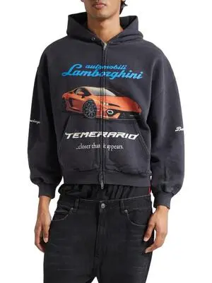 Balenciaga X Automobili Lamborghini Full Zip Graphic Hoodie - 1041 Faded Washed Black