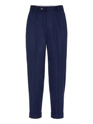 Brunello Cucinelli Wide Stripe Wool And Cashmere Flannel Trousers Avio Blue