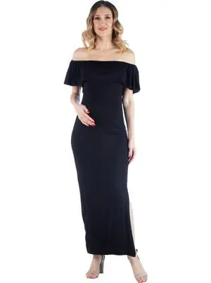 24SEVEN COMFORT APPAREL Maternity Off Shoulder Maxi Dress With Ruffle Detail - Black