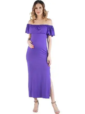 24SEVEN COMFORT APPAREL Maternity Off Shoulder Maxi Dress With Ruffle Detail - Purple
