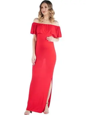 24SEVEN COMFORT APPAREL Maternity Off Shoulder Maxi Dress With Ruffle Detail - Red