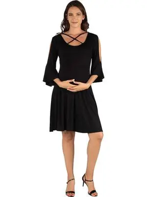 24SEVEN COMFORT APPAREL Maternity Cold Shoulder A-line Dress - Black