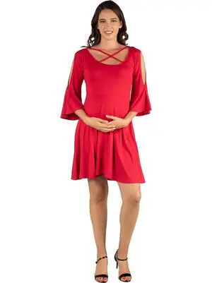 24SEVEN COMFORT APPAREL Maternity Cold Shoulder A-line Dress - Red