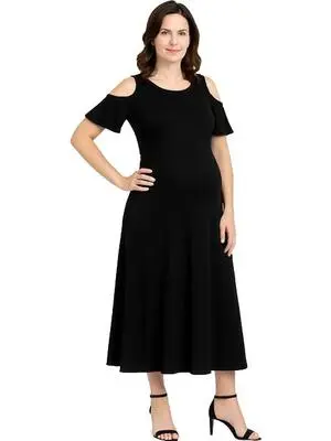 24SEVEN COMFORT APPAREL Maternity Ruffle Cold Shoulder Maxi Dress - Black