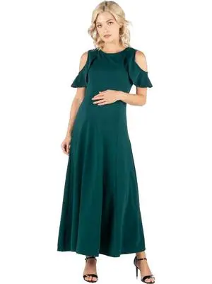 24SEVEN COMFORT APPAREL Maternity Ruffle Cold Shoulder Maxi Dress - Hunter