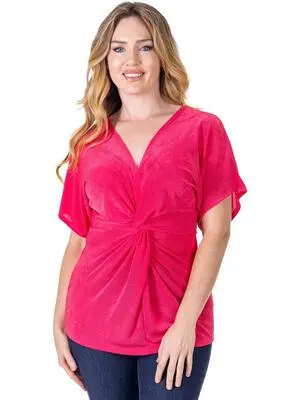 24SEVEN COMFORT APPAREL Knot Front V-neck Top - Pink