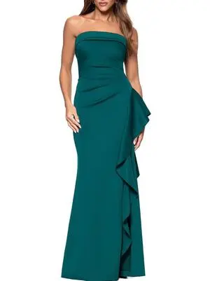 XSCAPE EVENINGS Strapless Ruffle Scuba Crepe Gown - Hunter