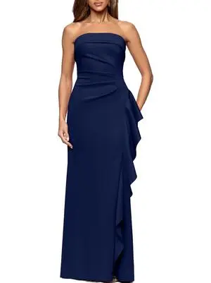 XSCAPE EVENINGS Strapless Ruffle Scuba Crepe Gown - Midnight