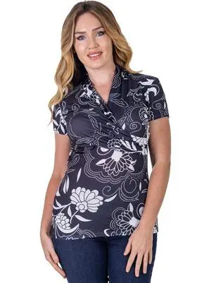 24SEVEN COMFORT APPAREL Petite Floral Wrap Top - Black Multi
