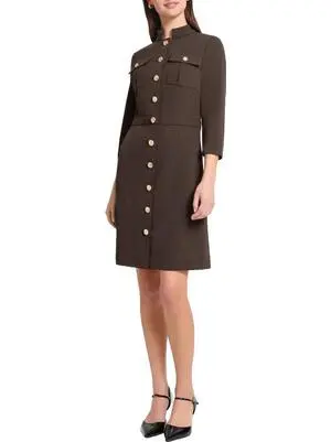 Ming Wang Deco Long Sleeve Crepe Sheath Dress - Dark Umber